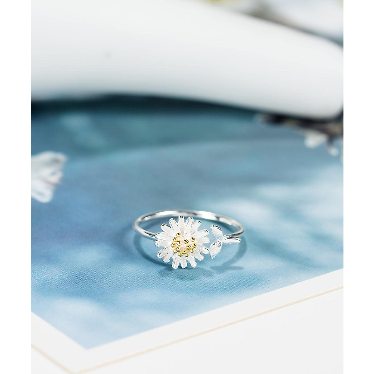 Women'S Sterling Silver Open Ring, Daisy Ring, Adjustable Size Ring 1