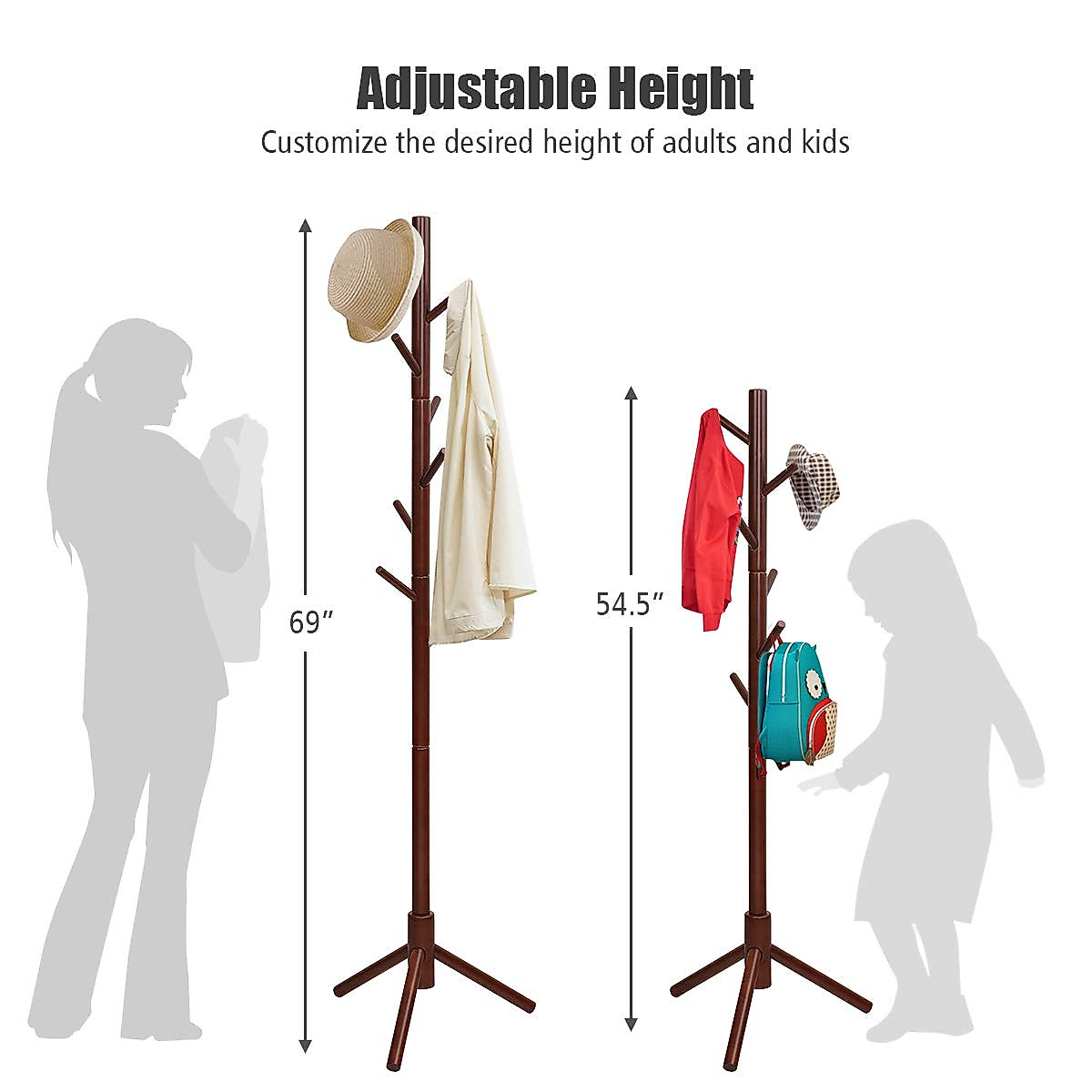 Tangkula Coat Rack Freestanding, Rubber Wood Coat Stand with 8 Hooks, Height Adjustable Entryway Coat Tree Coat Hanger Stand for Home Office Hall Entryway