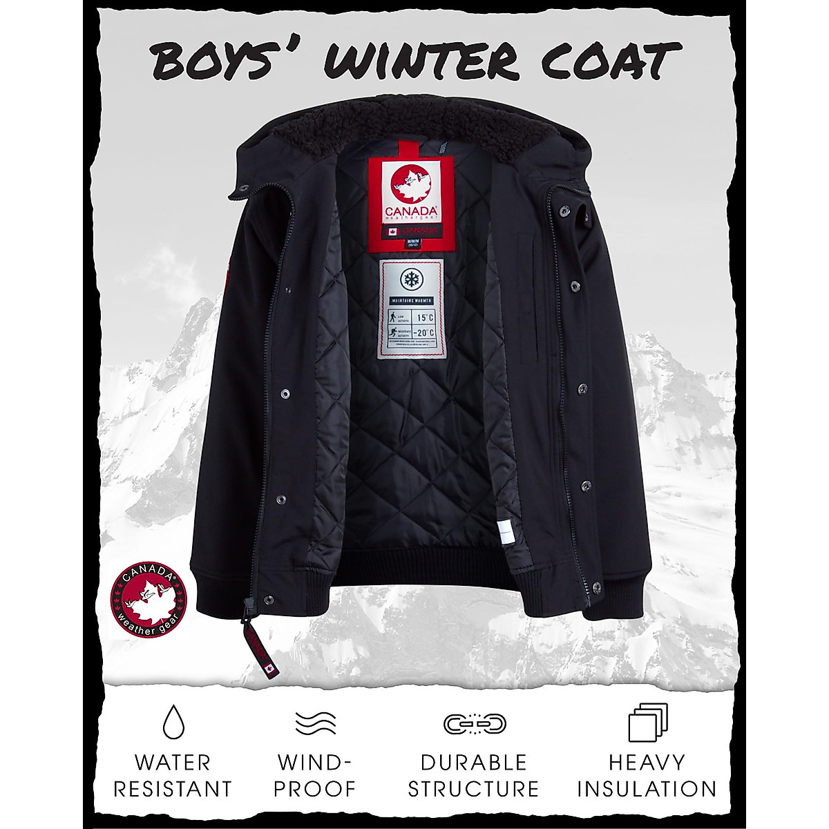 CANADA WEATHER GEAR Boys Winter Jacket - Heavyweight Softshell Bomber Parka Ski Coat (8-20), Size 10-12, Black