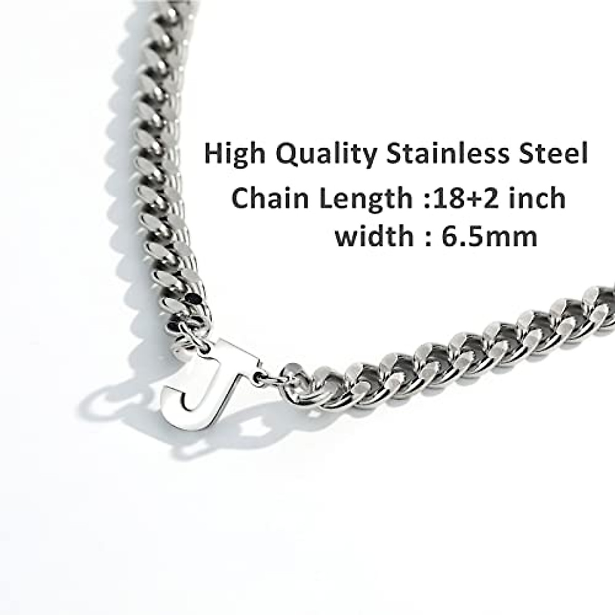 RUOOUY Initial A-Z Letter Necklace for Men Stainless Steel Cuban Link Chain 18+2 Inch Personalized Letter Charm Pendant Jewelry Gift for Boys Women（Silver-J）