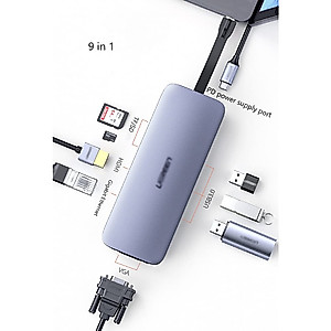 Port Expander 9 in 1 USB C Hub Adapter USB-C Splitter with 4K HDMI, 1080P VGA,100W PD, 3 USB 3.0 Ports,SD/TF Card Reader, Ethernet USB Splitter