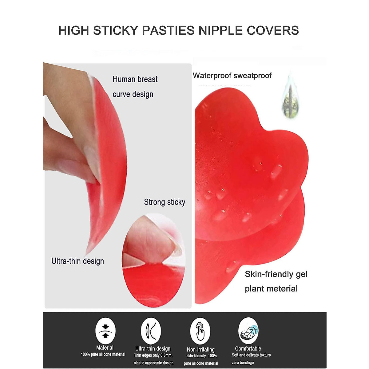 Kelivy Pasties Nipple Covers Rave, Red Heart Thin Nipple Pasties Adhesive Silicone Reusable Stickers Petals for Women 2 Pairs