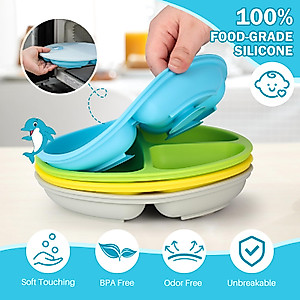 Toddler Plates with Lids, BPA Free Suction Plates for Toddlers, 100% Food-Grade Silicone Baby Plates 4 Pack, Unbreakable Kids Plates, Divided Design, Microwave & Dishwasher Safe