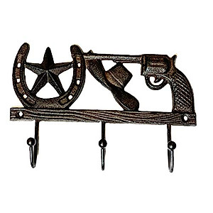 Urbalabs Western Cast Iron Rustic Country Wall Hooks Coat or Key Holder Wall Hook Mounted Decorative for Hats, Coats, Keys, Towels, Mudroom, Entryway, Mancave Bronze (Western 6 Shooter Star and Hat)