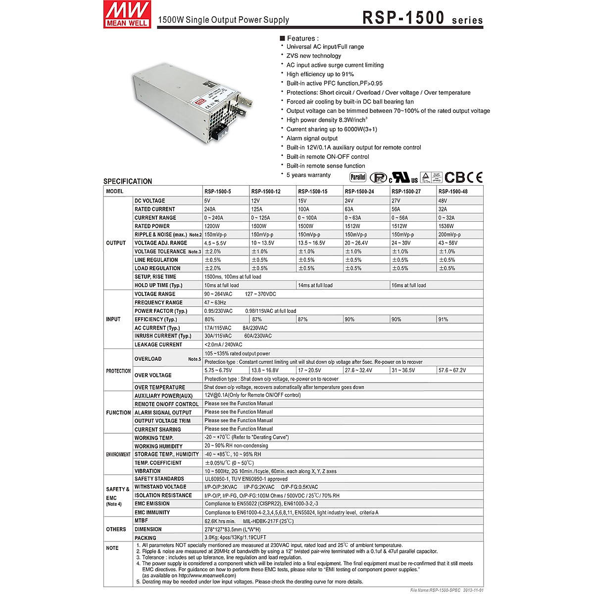 MW Mean Well RSP-1500-27 27V 56A 1512W Single Output with PFC Function Power Supply