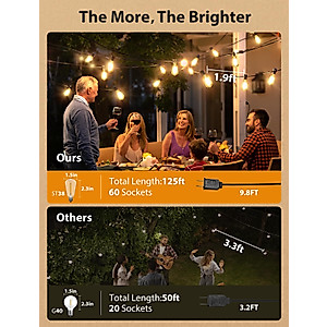 Sweepulire LED Outdoor String Lights, 125FT Patio Lights with 60+4 Shatterproof Bulbs, 2200K Warm White LED Lights Waterproof, Decorative Outdoor Lights for Porch, Deck, Garden, Backyard, Balcony