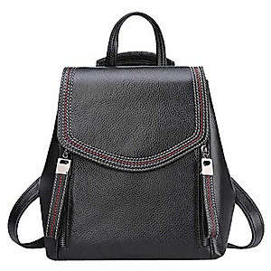 HESHE Women’s Genuine Leather Backpack Casual Style Flap Backpacks Daypack for Ladies and Girls (Black)