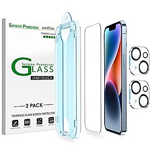 amFilm OneTouch Screen Protector Compatible with iPhone 14 6.1" Tempered Glass and Camera Lens Protector Yellow iPhone 14, Edge to Edge Full Coverage with Easy Installation Kit, 2+2 Pack