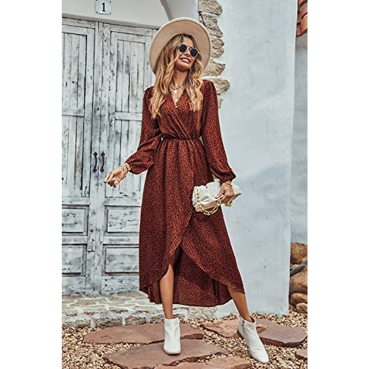 PRETTYGARDEN Women’s Long Sleeve Bohemian Dress V-Neck Floral Print High Split Tie Wrap Midi Flowy Dress (Brown, Large)