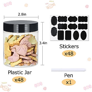 Jars with Lids, 48pcs 8 oz Plastic Containers with Lids Pen Labels Leak Proof BPA Free Airtight Refillable Clear Small Containers Storage Jars for Storing Dry Food Makeup Slime Honey Jam (8oz Black