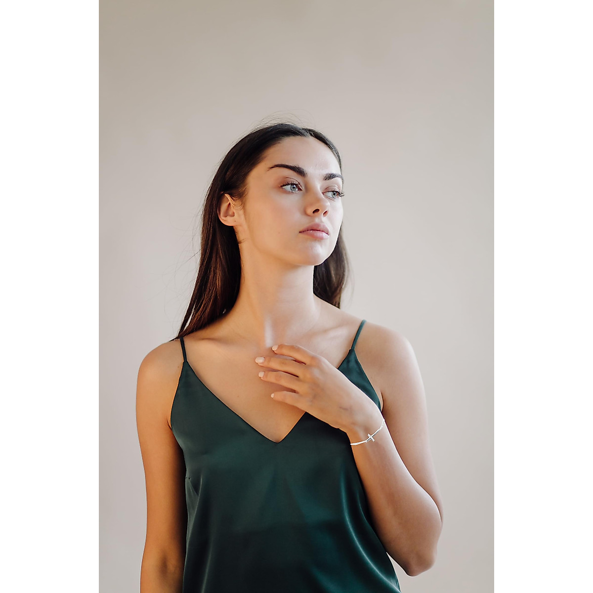 Ritastephens 14K White Gold Sideways Cross Bracelet Adjustable Chain 7-7.5 Inches