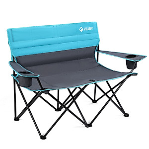 VILLEY Double Camping Chair, Extra Wide Loveseat, Heavy Duty Padded Camping Couch, Portable Folding Camp Chair w/Carry Bag, Steel Frame, Cup Holders for Camping Lawn Picnic Sports, Supports 500 LBS