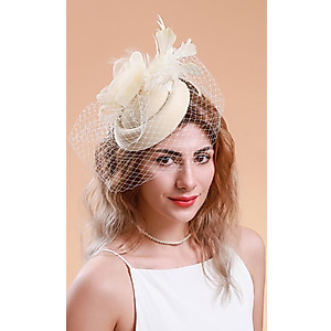Cizoe Fascinators Hats 20s 50s Hat Pillbox Hat Cocktail FlowerTea Party Headwear with Veil for Girls and Women(Beige)