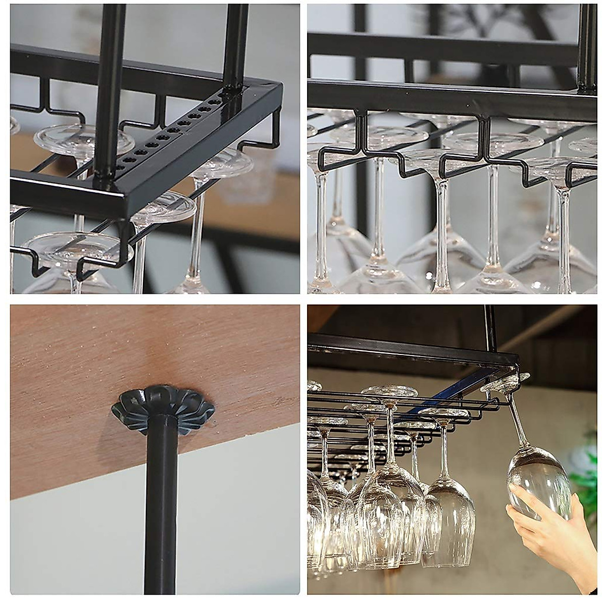 FKRACK Wine Glass Holder Ceiling Mounted Wine Glass Hanging Rack Industrial Height Adjustable Wine Glass Shelf (Color : Black, Size : 120×40cm)