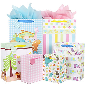 12 Pcs Baby Gift Bags, Large, Medium and Small Gift Bags Assortment for Baby Shower, Birthday, Parties, Baby Girl, and Baby Boy (Assorted Sizes)
