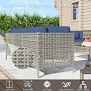 Piltwoff Patio Furniture Set,7 Piece Outdoor Sectional Sofa, Open-Weave Wicker Patio Conversation Sets with Navy Cushions & Glass Coffee Table for Balcony Porch Pool Deck,Grey Rattan