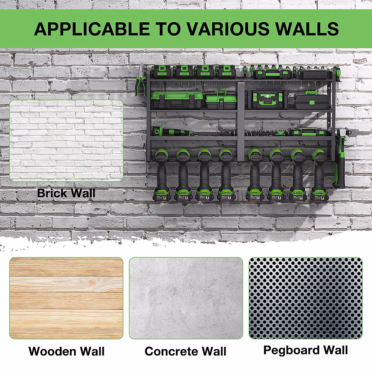 Sixfivsevn Power Tool Organizer, 8 Drill Holder Wall Mount, 4 Layers Garage Tool Organizers and Storage Rack, Heavy Duty Metal Tool Shelf with Hooks/Screwdriver Holder/Plier Holder/Hammer Holder