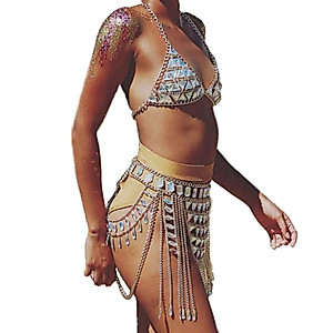 CanB Rhinestone Body Chain Suit Boho Waist Belly Chain Skirt Crystal Body Chain Bra top Festival Jewelry for Women and Girls (Ⅰ)