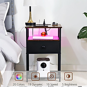 LOAKEKEL Night Stand Set 2, LED Nightstand with Charging Station, End Tables with Fabric Drawer for Small Spaces, Bedside Table with Storage Shelf for Bedroom, Brown, HETS01BR