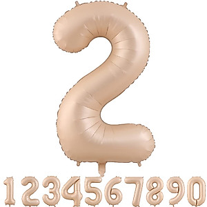 40 Inch Tan Light Brown Number 2 Balloons,Caramel Matte Beige Large Foil Helium Mylar Birthday Party Balloon 0-9 Champagne Color Nude Number (2) for Baby Shower Wedding Decorations