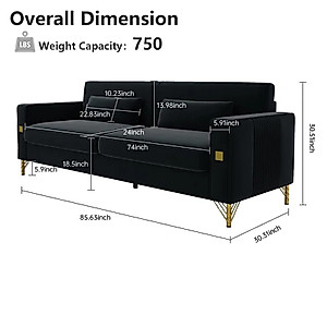IQIAite 85" Wide Velvet Loveseat Sofa Mid Century Modern Comfy 3 Seat Couch Black Tufted Love Seat Sofas with 2 Pillows Gold Legs for Living Room Office Apartment Furniture Solid Wood Frame