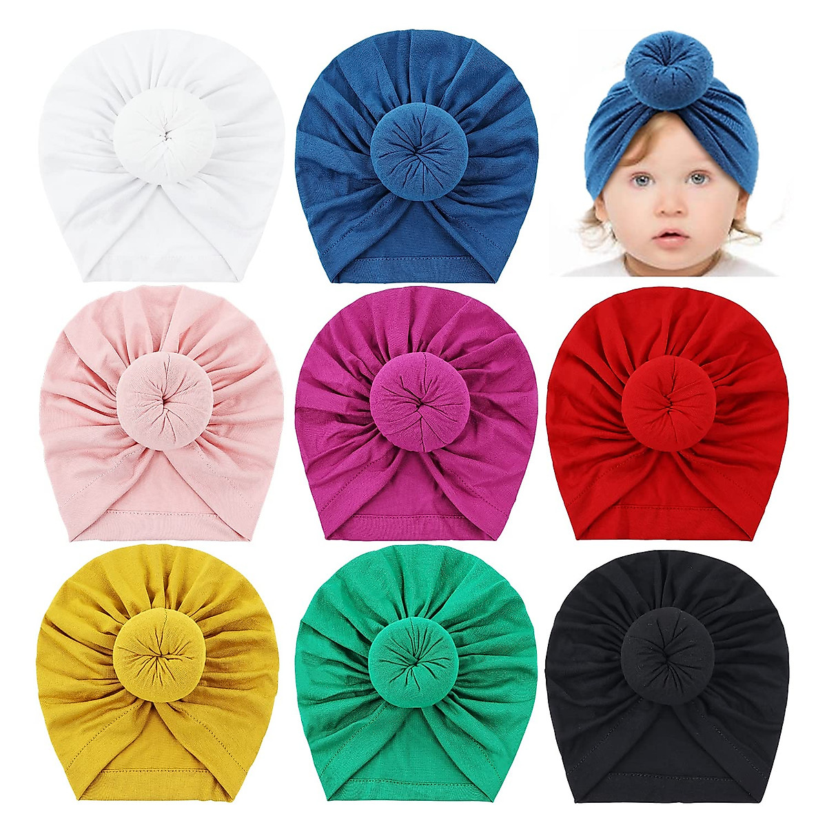 8 Pack Solid Green Blue Red Pink Gray Large Donut Ball Knot Bow Cotton Beanie Turban Hat Cap India Muslim Islamic Headwrap Winter Hospital Nursery for Newborn Baby Girl Infant Toddler Kids