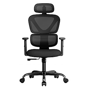 Sytas Ergonomic Office Chair, High Back Mesh Desk Chair with Lumbar Support and Adjustable Headrest, Executive Swivel Computer Chair for Home Office, Tilt Function, Black