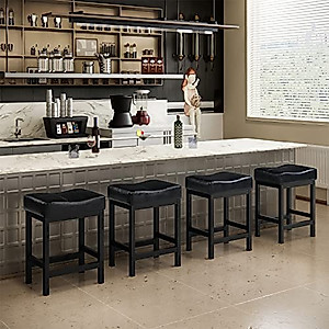 KATDANS Bar Stools Set of 2 - Counter Height Stools - 24 Inch Saddle Stool - PU Leather Kitchen Stools - Black Seat - Black Metal Base, KS861P-Black