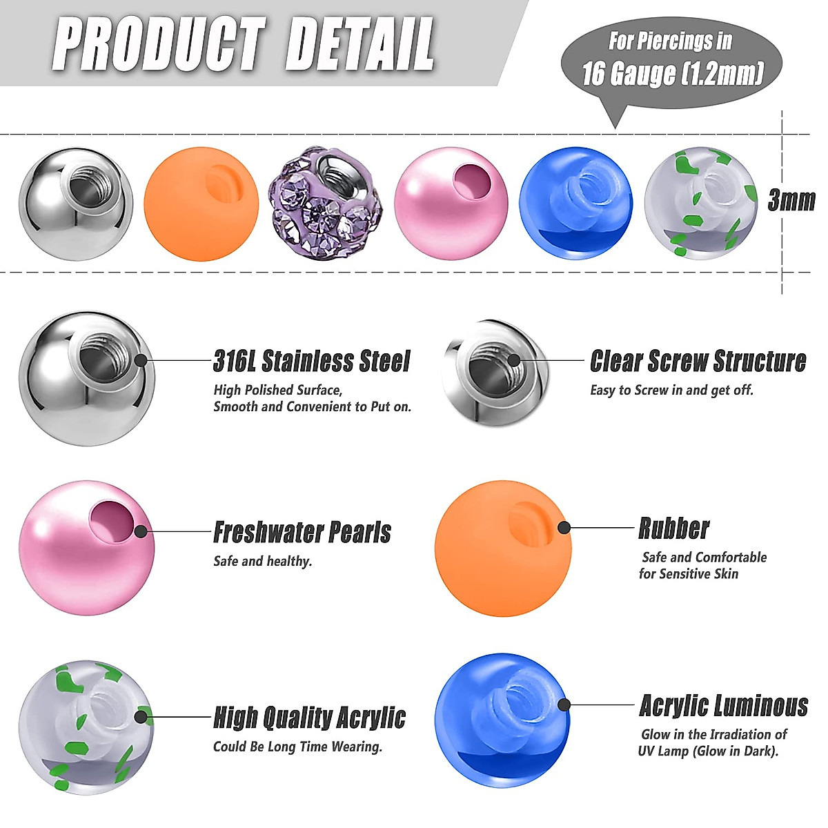 BodyAce 24-60Pcs 16G Replacement Balls for Body Piercing, Externally Threaded Barbell Parts, Acrylic Eyebrow Ear Helix Cartilage Lip Piercing Jewelry Balls (A:60pcs 3mm)