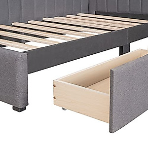 BOVZA Twin Size Linen Upholstered Daybed with 2 Storage Drawers, Sofa Bed Frame, No Box Spring Needed, Gray