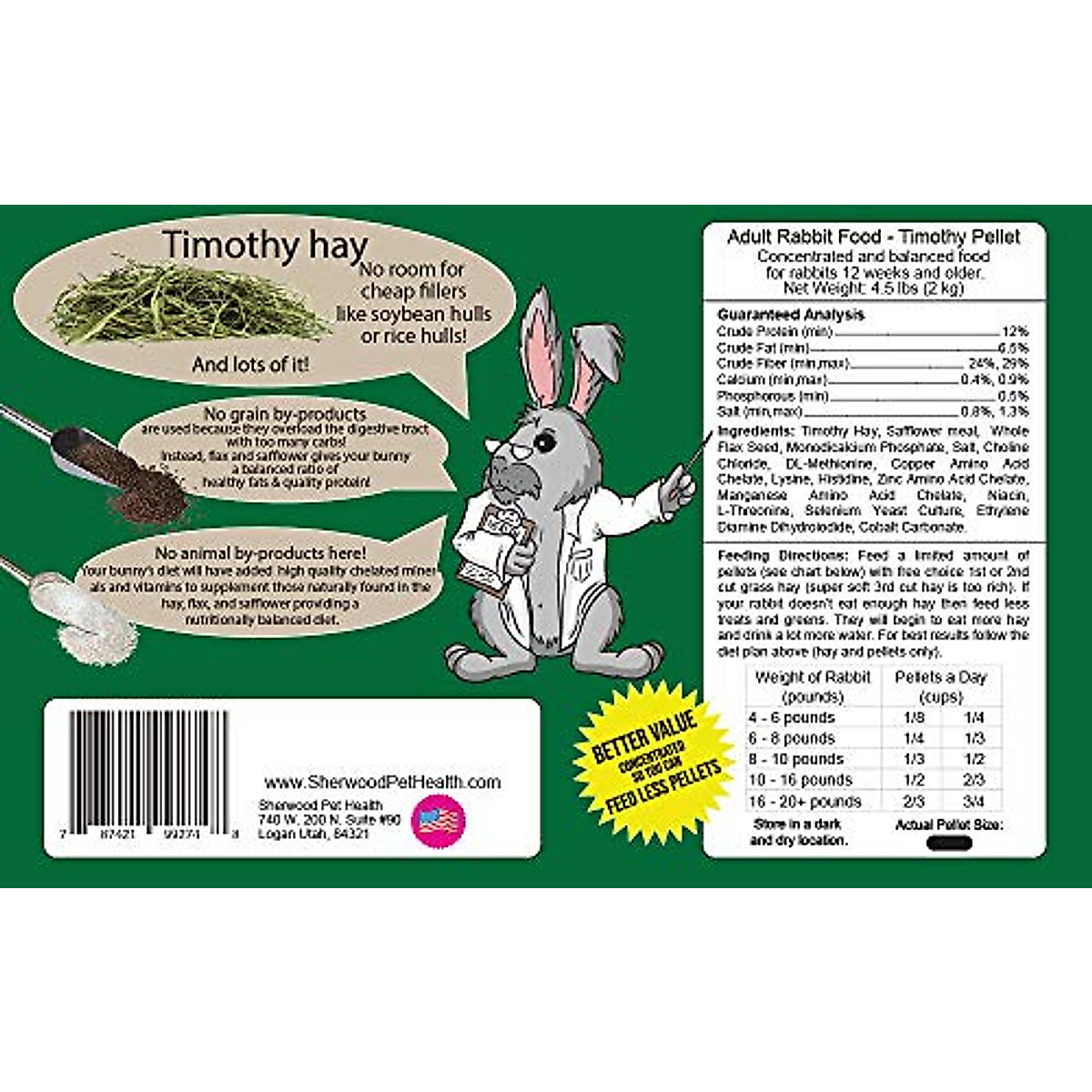Adult Rabbit Food Timothy Hay Pellet 10 pounds. This Sherwood Pet Health hay-Based Formula is Grain-Free and Soy-Free for Better Digestion. Its Also scientifically Balanced for Better Urinary Health.