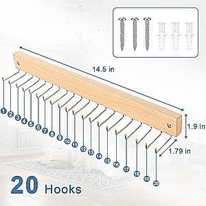 Tie Rack Wall Mounted, Natural Wood Tie Organizer Holds 20 Ties/Belt/Purse, Tie and Belt Organizer with/ 360° Rotatable Hooks,Screw Nail, Ideal for Installation on Wall、Door、Closet, 1 Pack, Natrual