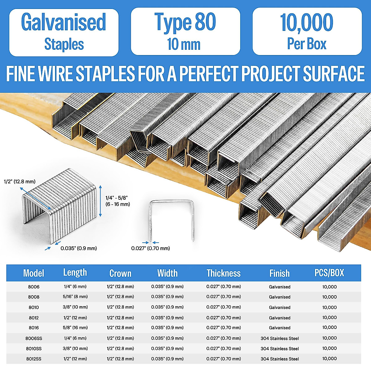 meite 21 Gauge 1/2-Inch Crown by Leg Length 3/8-Inch Galvanized Fine Wire Staples Upholstery Staples for MT8016 Stapler(10,000 Pcs/Box)