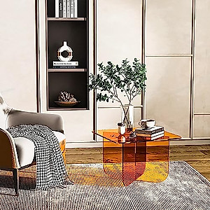 Casa Di Lumo Acrylic Coffee Table, 20" L x 20" W x 16" H, Transparent Colorful Coffee Table, Small Acrylic Clear Side Table, Modern Tempered Living Room Table Rounded Edges (Orange)