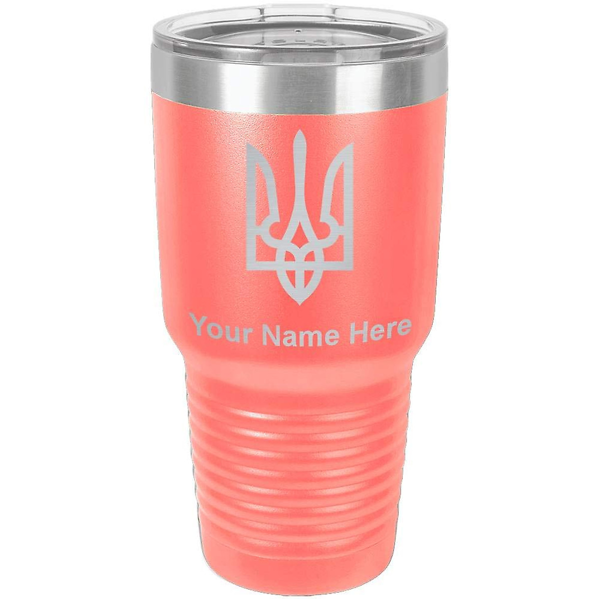 LaserGram 30oz Vacuum Insulated Tumbler Mug, Flag of Ukraine, Personalized Engraving Included (Coral)