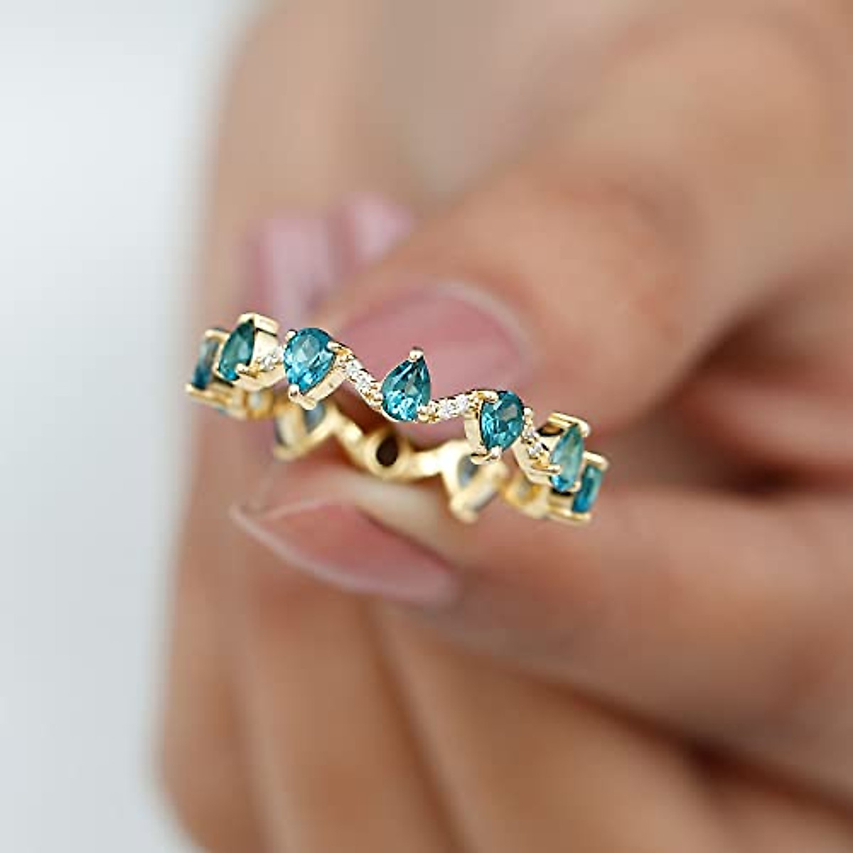 Rosec Jewels Real London Blue Topaz Eternity Ring, Stackable Wedding Anniversary Jewelry for Women, Aaa Quality, 14K Yellow Gold, Size:US 9.00