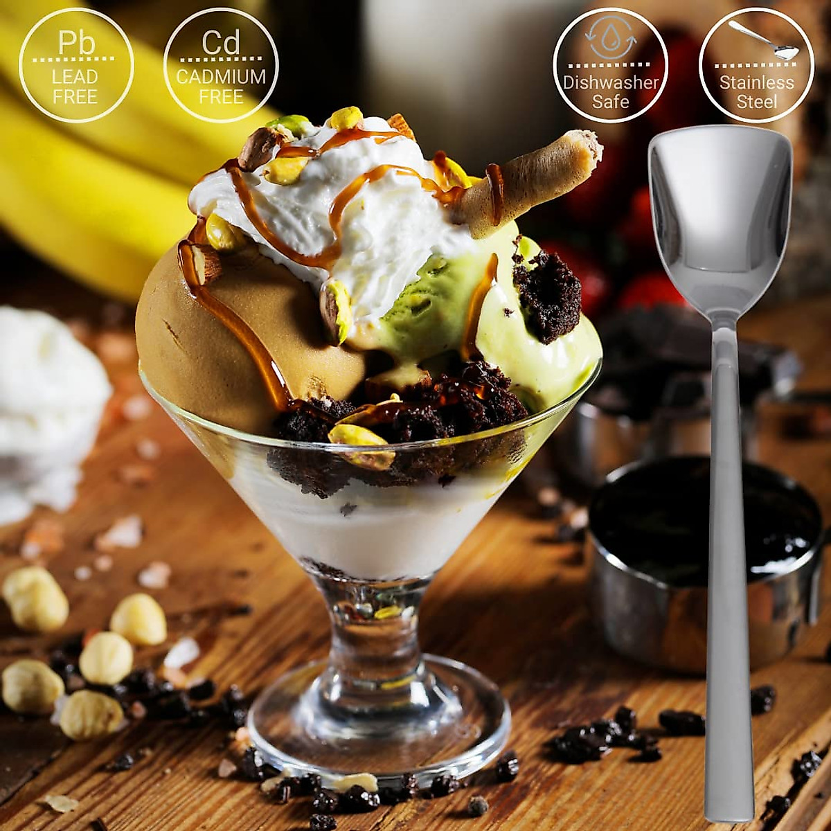 Glasia Set of 4 Glass Ice Cream Bowls and 4 Stainless Steel Spoons | Small Dessert Cups for Parfait Sundae Snacks Fruit | Mini Sorbet Glasses | Footed Trifle Tasters with Spoon for Parties