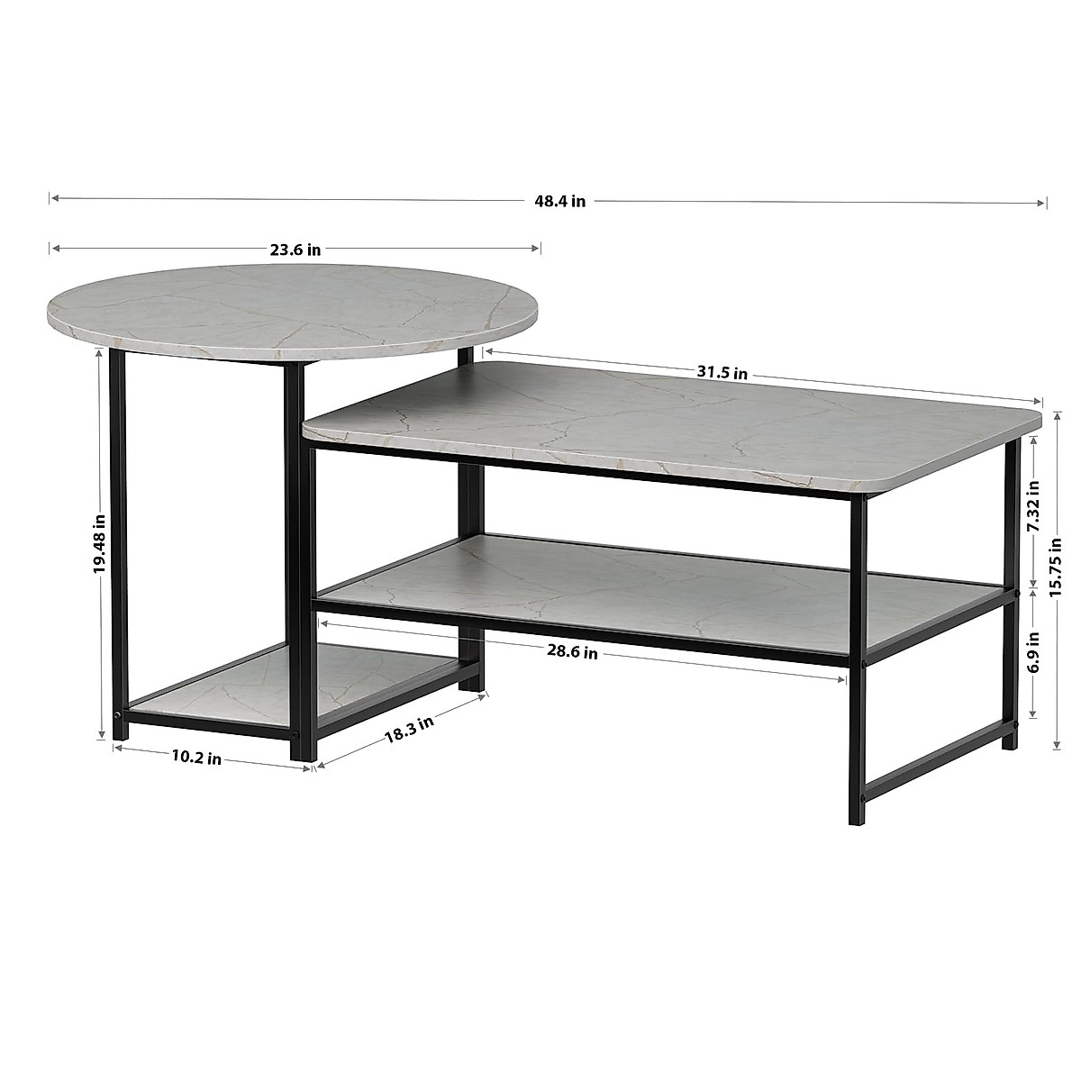 WOHOMO Coffee Table, Modern Style Coffee Tables for Living Room Marble Center Table with Storage 2 in 1Detachable Table Set,Grey Marble