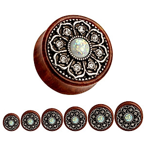 KUBOOZ(1 Pair Gauges for Ears Vintage Wood Opal Center Flower Ear Plugs Flesh Tunnels Earrings Stretcher Piercings 0G(8mm) 1 Inch(25mm)