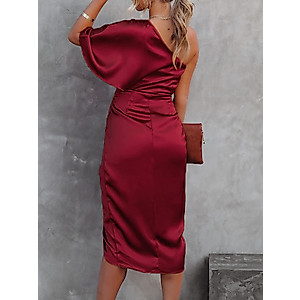 CUPSHE Women Satin Cocktail Party Dress Backless One Shoulder Flared Sleeves Tea Length Anomalistic Hem Solid Bodycon Dress with Zipper Burgundy Red M