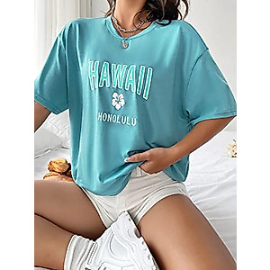 SOLY HUX Women's Oversized T Shirts Letter Print Casual Summer Tops Graphic Tees for Women Blue XL