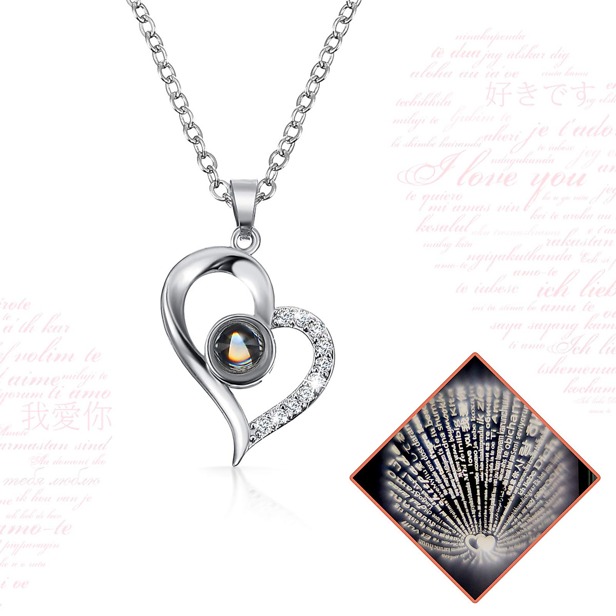 Hicarer Necklace Gift for Girlfriend I Love You in 100 Languages Projection Necklace with Preserved Red Real Rose Flowers in Box for Women Mom Wife on Mother's Day, Anniversary(Silver)