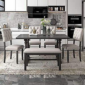 Merax 6 Piece Kitchen Dining Table Set, Wooden Rectangular Dining Table with Upholstered Bench and 4 Chairs, Dining Room Table Set for 6 People, Living Room Furniture (Gray, Cushions)