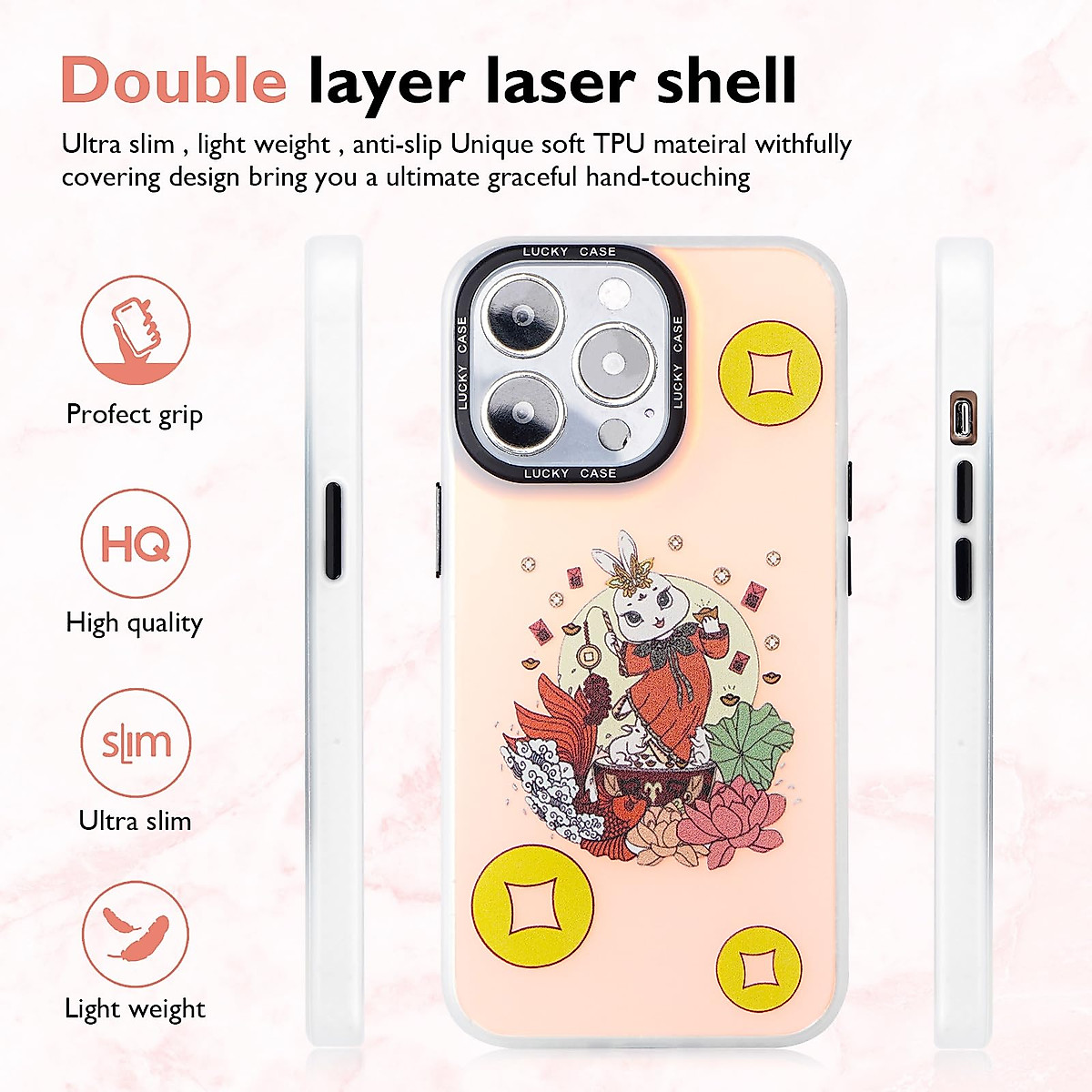Lao Lin Arts，Compatiable for iPhone Case,Golden Dazzle Phone Case,Change Color with Light,Drop-Proof Phone Case,No Fingerprints,Rabbit, (iPhone 13)