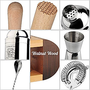 TJ.MOREE Bartender Kit with Stand, 11-Piece Bar Tool Set Cocktail Set Perfect Home Bartender Set and Martini Shaker Set for Drink Mixing Experience - Walnut