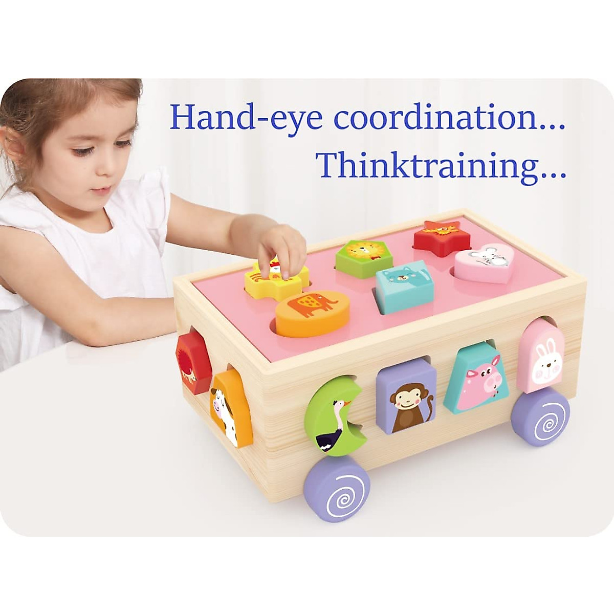 YUHAIPI Shape Sorter Car,Solid Wood,18 Building Blocks with Animal & Numbers Photos,Best Game for Hand-Eye Coordination &Thinktraining,Great Gift for 2-3-4 Years Old Boys and Girls.