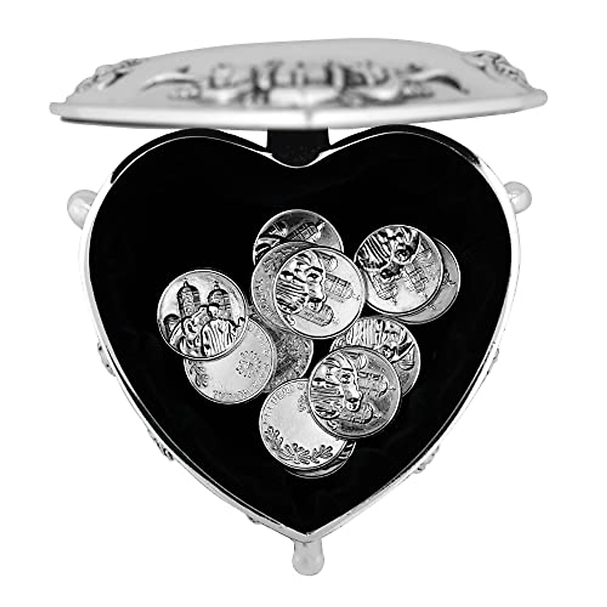 Las Arras Matrimoniales | Wedding Tokens | Unity Coins | Beautiful Heart Shaped Silver-Tone Decorative Box | Traditional Spanish Catholic Wedding Tradition | Includes 13 Metal Silver-Tone Coins