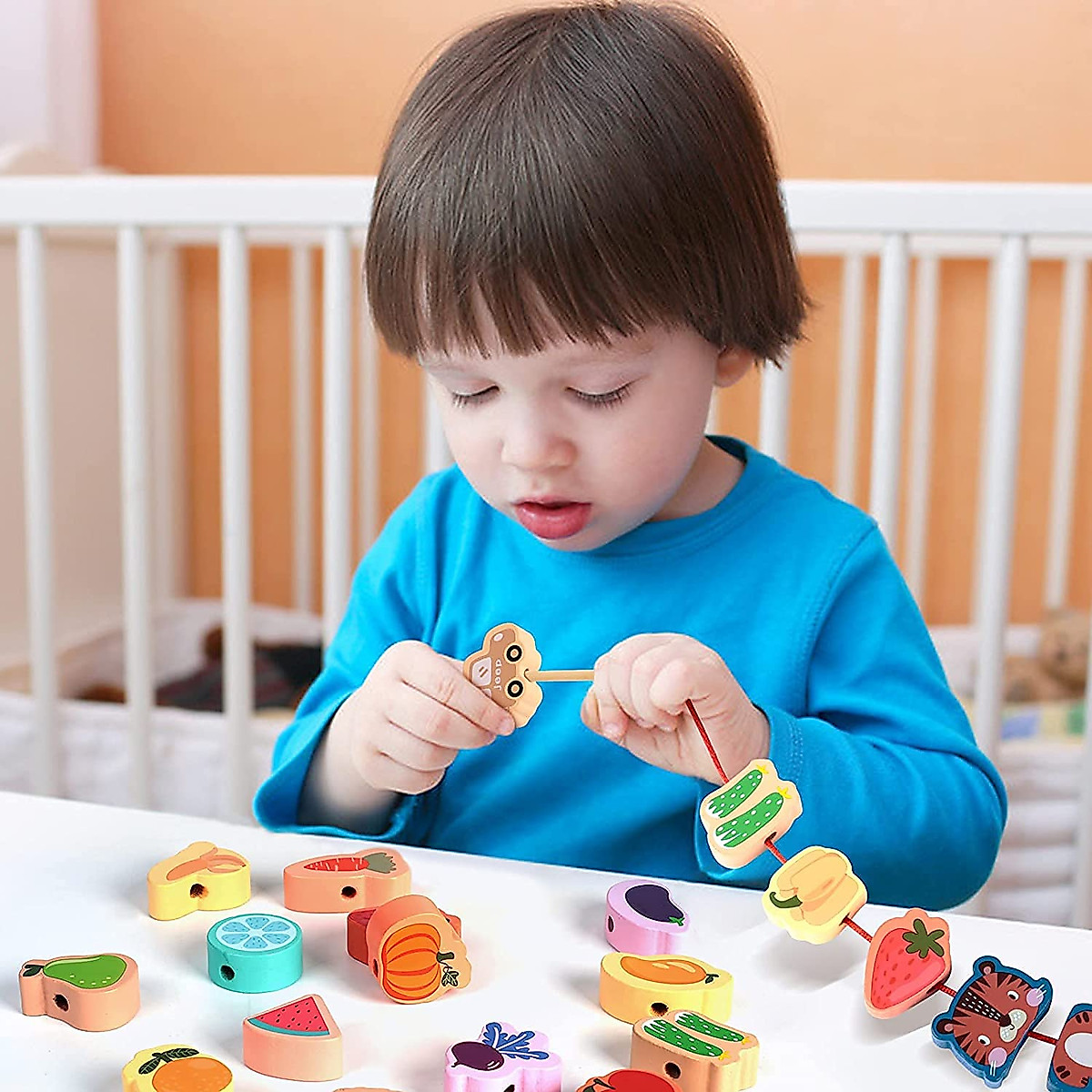 57 PCS Lacing Beads Wooden Primary String Threading Beads Animals Fruits Lacing Toy Preschool Fine Motor Skills Montessori Educational Toy for 3 4 5 6 7 8 Years Old Kids Boys Girls