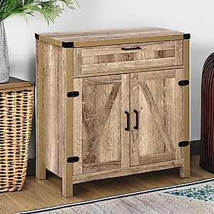 HOMCOM Sideboard Buffet Cabinet with Storage Drawer, Modern Farmhouse Kitchen Cabinet with 2 Barn Doors, Coffee Bar Cabinet, Oak