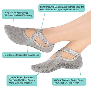 Teebulen Women's and Girl's 2 Pairs Grey with Silver Glitter Padded Anti Skid Non Slip Yoga Socks with Grips for Barre Pilate Ballet,Size 4-8